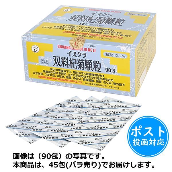 イスクラ双料杞菊顆粒(そうりょうこぎくかりゅう)は、伝統的な漢方薬「六味丸」に生薬の「キクカ」と「クコシ」を加えた8種類の生薬エキスからなる漢方製剤です。目の疲れやかすみ目、めまい、のぼせなどの改善に用いられます。