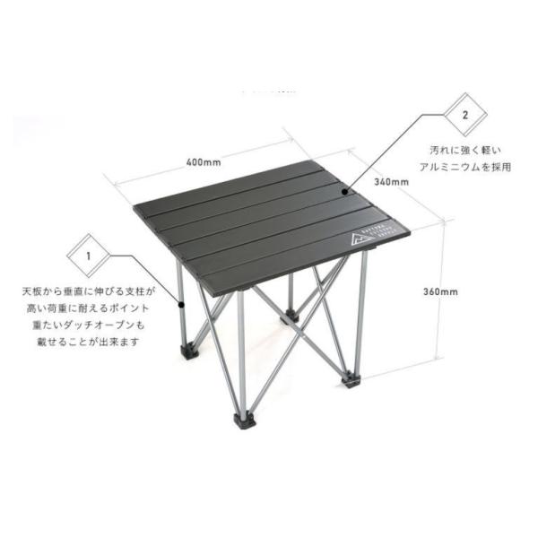 コンパクトアルミテーブルしっかりとした造りなのにコンパクトに収納できるSPEC本体サイズ高さ:360mm × 幅:400mm × 奥行:340mm収納サイズ高さ:120mm × 幅:430mm × 奥行:100mm材質フレーム：アルミニウム...