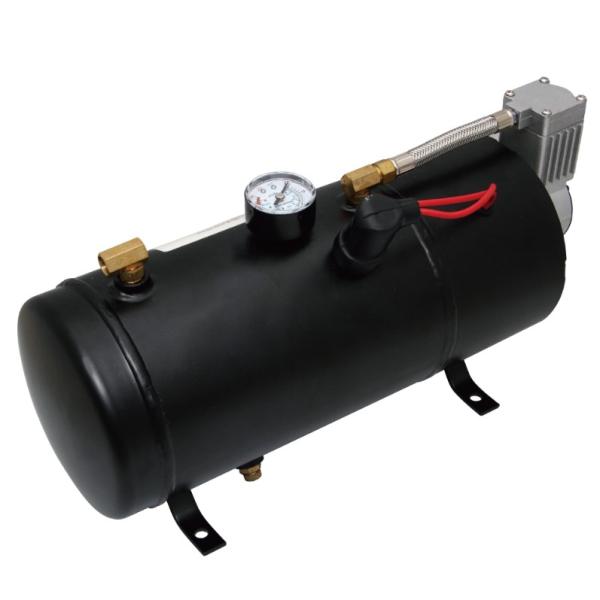 【商品仕様】●サイズ：W385×H190×D140mmφ●重量：約4.4kg●材質：タンク部（スチール/黒塗装）、コンプレッサー部（アルミ/スチール）●エアータンク容量：3.0L●定格：24V用　10.5A（252W）●作動（停止圧力）：0...