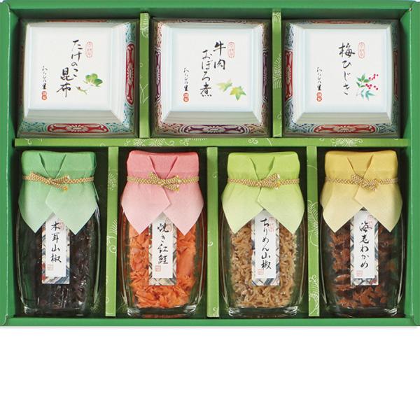 ●商品内容ちりめん山椒３０ｇ、焼き紅鮭４３ｇ、木耳山椒５５ｇ、海老わかめ６５ｇ、牛肉おぼろ煮５０ｇ、梅ひじき５０ｇ、たけのこ昆布５０ｇ●承り期間：8月7日15：00まで●ヤマト運輸にて配達いたします。※こちらの商品は簡易包装のみの商品になり...