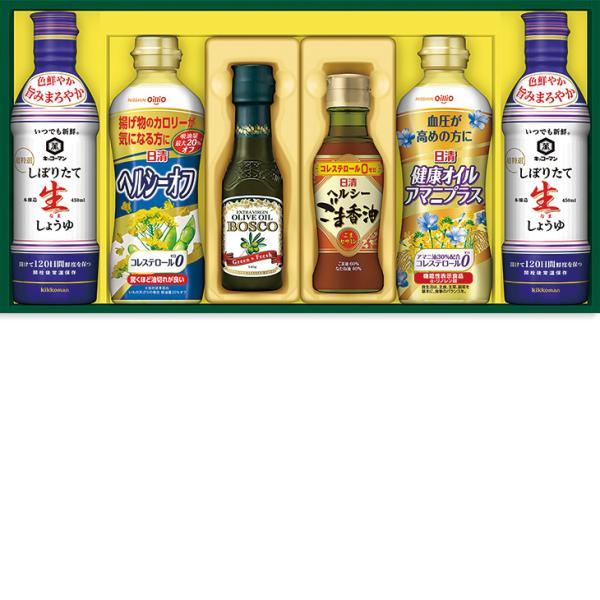 ヘルシーオイルとしょうゆを組み合わせたオイルセットです。●商品内容（アマニプラス３５０ｇ、ヘルシーオフ３５０ｇ）×各２、ボスコＥＸＶオリーブオイル１４０ｇ、ヘルシーごま香油１４５ｇ、キッコーマンしぼりたて生しょうゆ４５０ｍｌ×２●承り期間：...