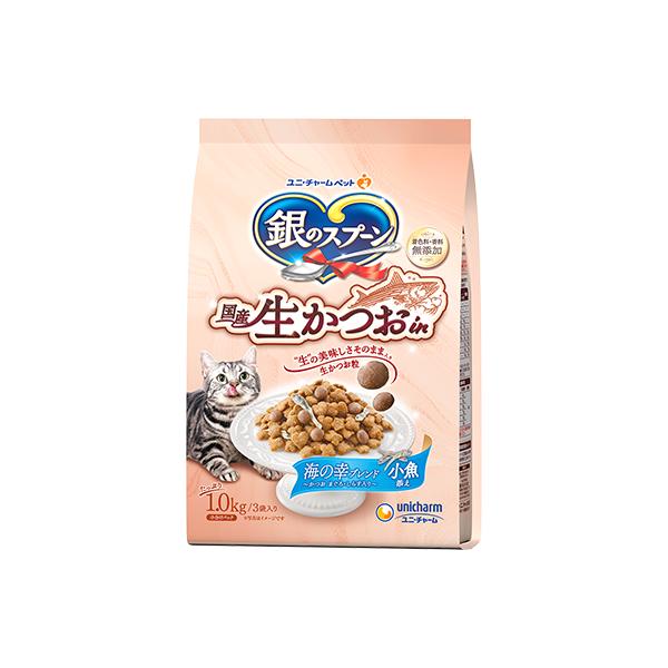 1.0kgユニ・チャーム株式会社　生かつおの美味しさそのまま入りのトッピング粒で、かつお本来の味や香りを楽しめるキャットフード。猫 フード ドライ 国産