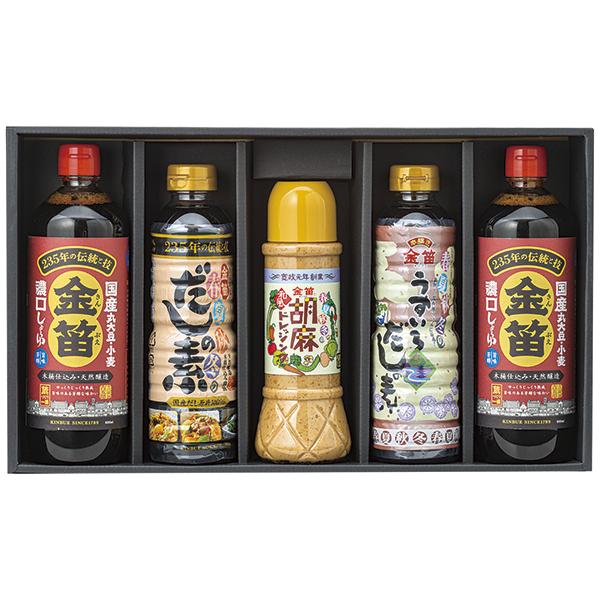 ■商品詳細内容量：金笛しょうゆ600ml×2、胡麻ドレッシング390ml、春夏秋冬のだしの素・春夏秋冬のうすいろだしの素 各500ml温度帯：常温便でお届けいたします。特定原材料：小麦・卵　　　　　　　　　　　　　　　　商品重量:3.9kg...