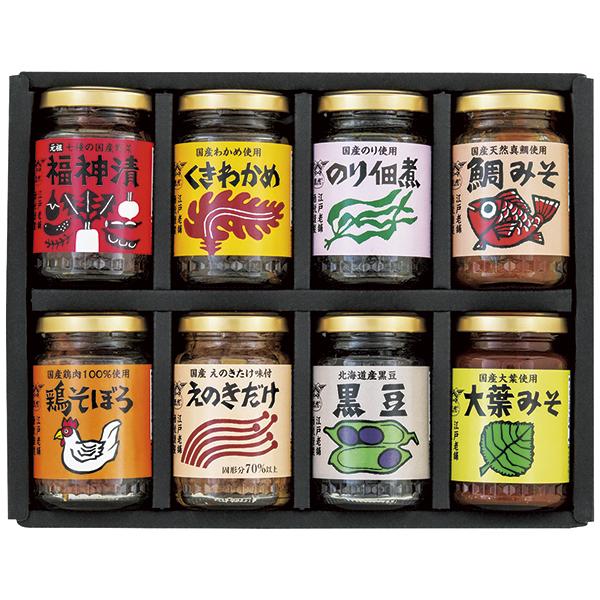 ■商品詳細内容量：元祖福神漬90g、くきわかめ75g、のり佃煮95g、鯛みそ100g、鶏そぼろ50g、えのきだけ90g、黒豆100g、大葉みそ100g温度帯：常温便でお届けいたします。特定原材料：小麦　　　　　　　　　　　　　　　　　　商品...