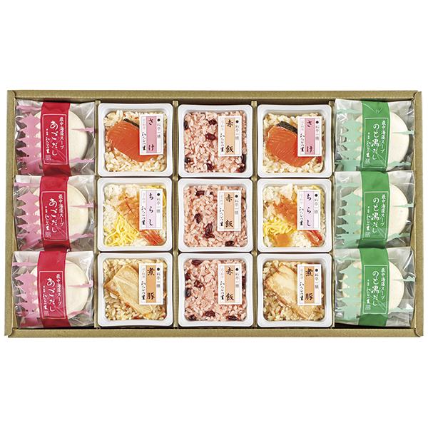 ■商品詳細内容量：赤飯90g×3、鮭ごはん・煮豚ごはん・ちらし寿司 各90g×2、最中海藻スープ（のど黒だし）・最中海藻スープ（あごだし） 各8g×3温度帯：常温便でお届けいたします。特定原材料：小麦・卵・えび　　　　　　　　　　　　　商品...