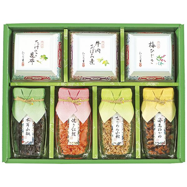 ■説明丹精こめて作った上品な京料亭の味わいを。素材の風味にこだわった、ご飯のお供にも酒の肴にもなる美味の数々。丁寧な仕上げでうま味を閉じ込めました。■商品詳細内容量：ちりめん山椒30g、焼き紅鮭43g、木耳山椒55g、海老わかめ65g、牛肉...