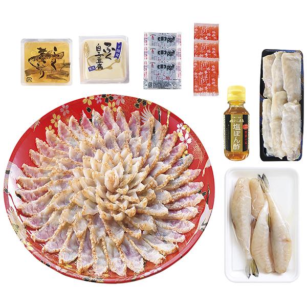 ■商品詳細内容量：真ふぐたたき刺身（30cm皿）180g、とらふぐすき身（身皮）75g、ふぐ一夜干し150g、ふぐ白子豆腐130g、ふぐ煮こごり100g、塩ポン酢100ml、ふくポン酢・もみじおろし 各10g×3賞味期限：冷凍で90日温度帯...