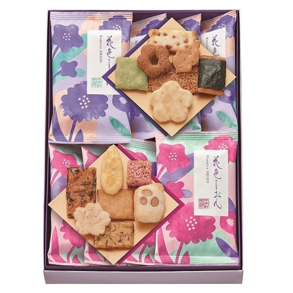 ■説明藤紫、薄紅、それぞれの小袋の中に7種類のあられ、菓子を詰め合わせた花色しおん。美味しさのヒミツは塩味のあるもの、甘味のあるもの5:2のバランス。箸休めのような甘い口直しが、味にメリハリを与えています。モンドセレクション11年連続最高金...