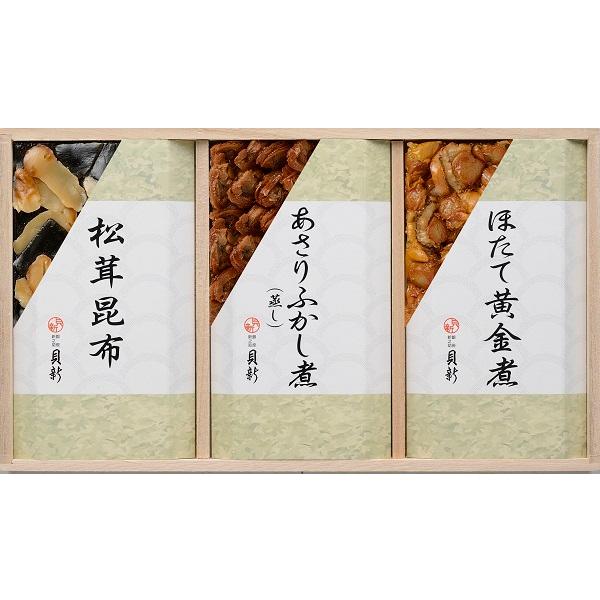 ■説明昭和10年（1935年）から銀座に本店を構える老舗高級佃煮店「銀座新之助貝新」の佃煮詰合せ。伝統の製法で柔らかく甘口に炊いた、贅沢な佃煮３種の詰合わせ。看板商品のあさりに加え、人気のほたて黄金煮と香り豊かな松茸昆布をセットにしました。...
