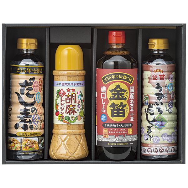 ■商品詳細内容量：金笛しょうゆ600ml、胡麻ドレッシング390ml、春夏秋冬のだしの素・春夏秋冬のうすいろだしの素 各500ml温度帯：常温便でお届けいたします。特定原材料：小麦・卵・大豆　　　　　　　　　　　　　商品重量:3.3kg商品...