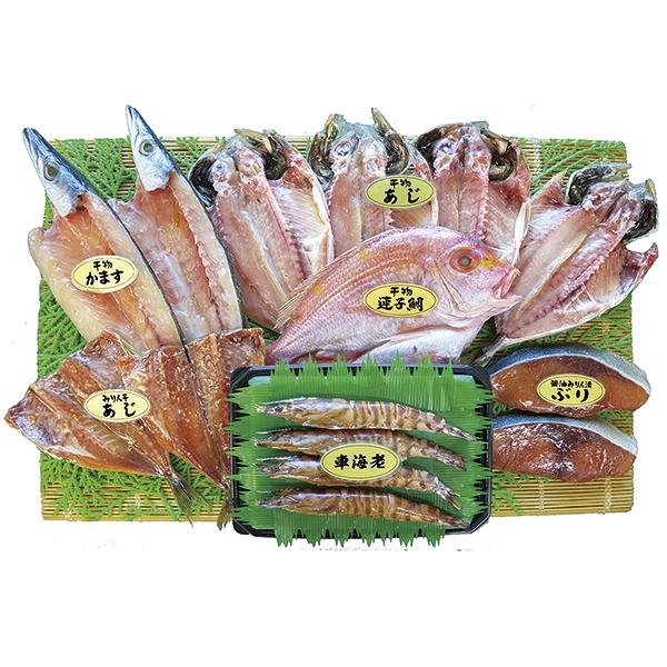 ■商品詳細内容量：あじ干物×4、かます干物×2、ぶり醤油みりん漬×2、あじみりん干×2、連子鯛干物、車海老（養殖）×4賞味期限：冷凍で60日温度帯：冷凍便でお届けいたします。特定原材料：小麦・えび・大豆　　　　　　　　　　　　商品記号:23...