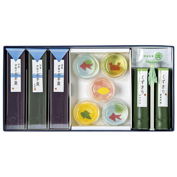 ■商品詳細内容量：涼菓 伊織の水羊羹（こし×2・抹茶）、涼の晴風（金魚（りんご）×2・レモンゼリー・かに（マスカット）・朝顔（甘夏））、くずきり×2温度帯：常温便でお届けいたします。特定原材料：卵・乳　　　　　　　　　　　　　　　　　商品重...