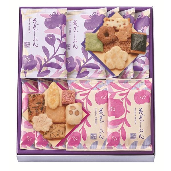 あられ・煎餅・干菓子を詰め合わせた、食べ合わせが楽しい吹き寄せ■説明藤紫、薄紅、それぞれの小袋の中に7種類のあられ、菓子を詰め合わせた花色しおん。美味しさのヒミツは塩味のあるもの、甘味のあるもの5:2のバランス。箸休めのような甘い口直しが、...