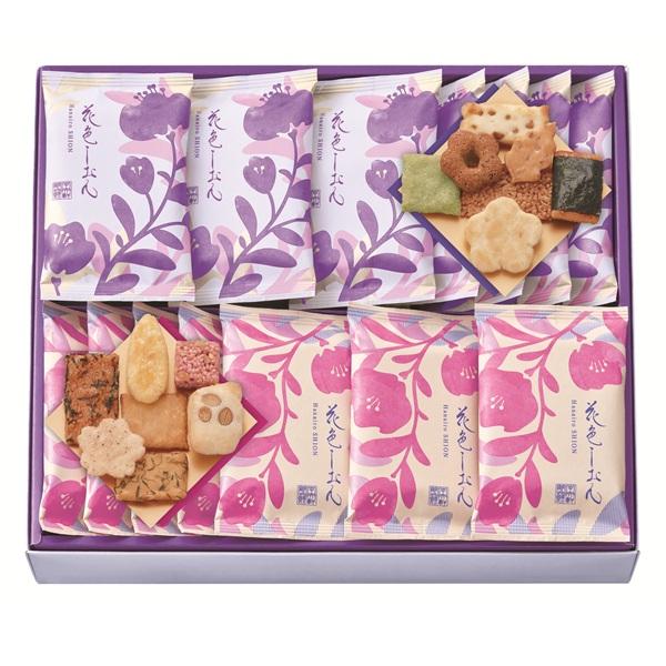 あられ・煎餅・干菓子を詰め合わせた、食べ合わせが楽しい吹き寄せ■説明藤紫、薄紅、それぞれの小袋の中に7種類のあられ、菓子を詰め合わせた花色しおん。美味しさのヒミツは塩味のあるもの、甘味のあるもの5:2のバランス。箸休めのような甘い口直しが、...