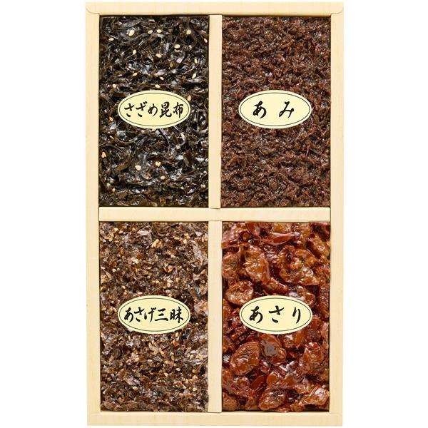 ■説明昭和10年（1935年）から銀座に本店を構える老舗高級佃煮店「銀座新之助貝新」の佃煮詰合せ。定番の佃煮のあさり、あみ、さざめ昆布（ごま入り昆布佃煮）、あさげ三昧（かつお節とさば節のふりかけ）の4種詰合せ。貝新の佃煮のお味をお手軽にお楽...