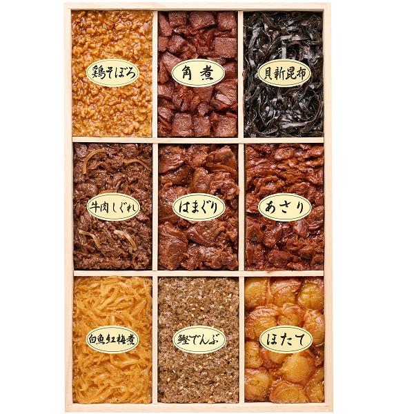 ■説明昭和10年（1935年）から銀座に本店を構える老舗高級佃煮店「銀座新之助貝新」の佃煮詰合せ。看板商品のはまぐり、あさり、ほたて黄金煮、白魚紅梅煮に加えて、牛肉しぐれ、昆布佃煮、鶏そぼろなどを詰合わせました。温かいご飯にはもちろん、酒の...