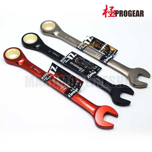 本締め可能72山送り角5度の精密ギア狭所でも高効率全長：約23ｃｍサイズ：レンチ17mm/ギアレンチ17ｍｍカラー：マットガンメタ、マットレッド、マットブラック注意ボルト・ナット等の二面幅に合わせてご使用くださいパイプ等を継ぎ足して使用しな...