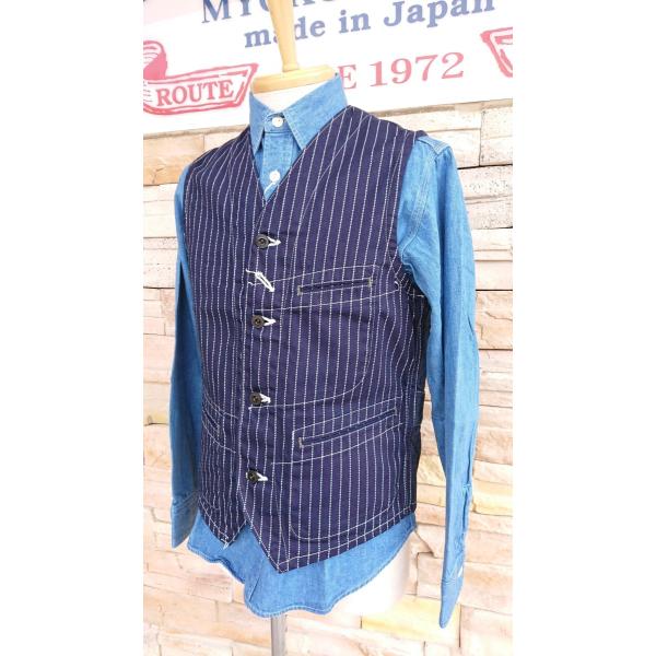 SUGAR CANE　シュガーケーン　/　9oz. WABASH STRIPE WORK VESTのご紹介です。レイルローダー達を中心に、多くのワーカーに愛されたウォバッシュストライプを使ったワークベスト。インディゴにピンストライプを抜染し...