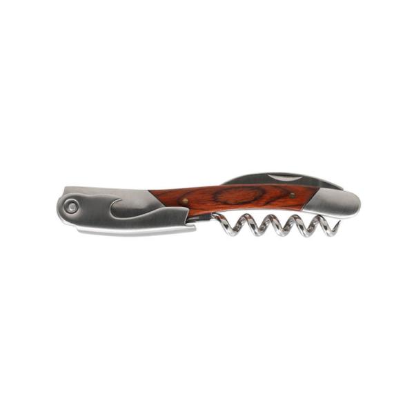 ハンドル部に収納された小さなナイフで、ボトルのキャップシールを開封。・コルクの中心に、スクリューをねじ込む。・スクリューを一周ほど残し、ハンドルの反対側に付いている金属部分をボトルの縁に掛け支点にする。・ハンドルを引き上げ、てこの原理でコル...