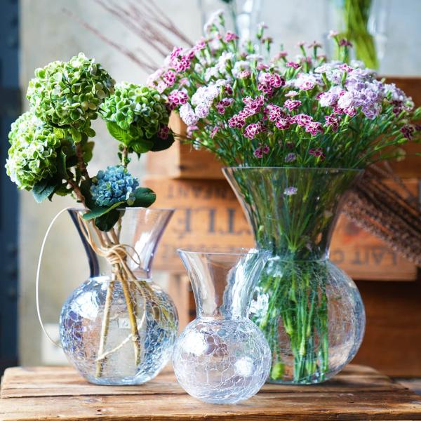 ひび割れ模様とクリアガラスが織り成すコンビネーションが特徴的なフラワーベース。 中央部分がすぼんでおり、お花をバランスよく飾るのに最適です。 自然光が差し込む場所におけば、クラック模様が光を受け、さらに魅力的な表情に。 ご自宅ではもちろん、...