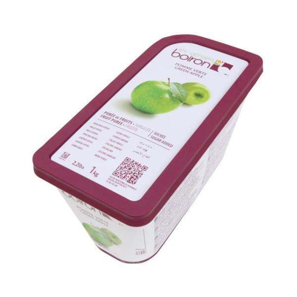 欧州産の青りんごの冷凍ピューレです。淡い緑色が特徴で、ムースやシャーベットなどに人気。稀に黒い点状の物が混じっていることがありますが、りんごを丸ごと加工しているため潰れた種が残っていたもので、品質に問題なくご利用いただけます。