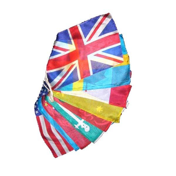 12カ国の国旗が繋がっています。ハットなどからの、取り出しに使えます。アイデアしだいで、さまざまな用途に使えます。21ｃｍ　ｘ　14ｃm12枚（ひもで、繋がっています。）・メーカー：テンヨー