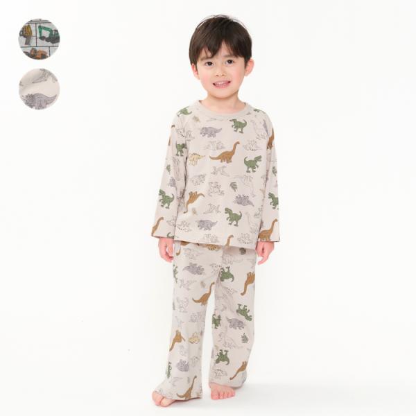 Tシャツ素材の長袖Tシャツと長パンツ。 男の子に人気の働く車柄と恐竜柄の長袖パジャマ。 Tシャツの脇のボタンとパンツのボタンホールに入れて着れば、お腹が出にくい（90cmのみの仕様になります）！ 綿100％でギフトやプレゼントにもオススメ！...