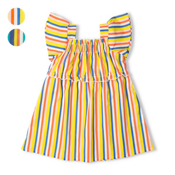 カラフルで目をひくストライプ柄のワンピース。 フレアーな袖に胸のギャザーのデザインが女の子らしい！ 薄手の布帛素材のブロード素材で夏でもさらっと着られます! 同じ柄でハーフパンツ（K35130）もあるので、兄弟姉妹やお友達と男女でアイテム違...