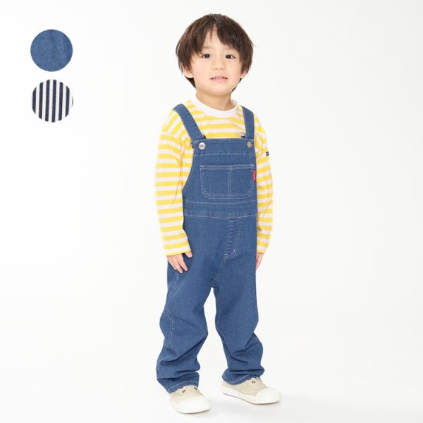無地のストレッチデニムとストレッチツイルストライプのサロペット、オーバーオール。 男の子も女の子もユニセックスで着られるアイテム。 90cmのみ股下がドットボタン開きになります。 同じ柄でジャンパースカート（M22303）もあるので、兄弟姉...