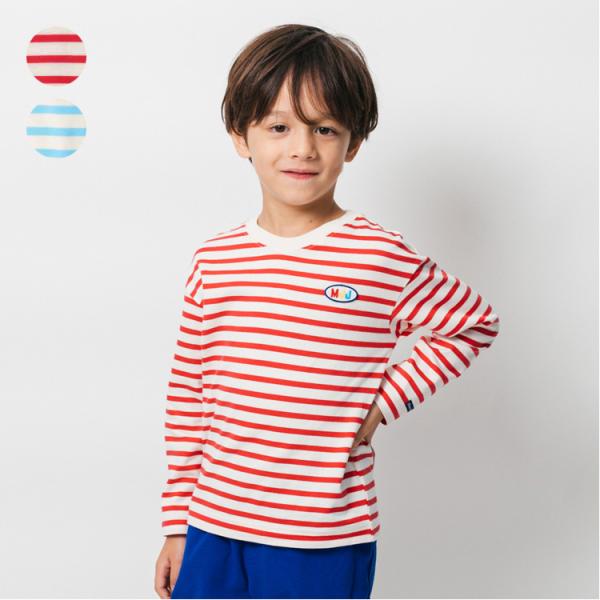 春らしい明るい配色のボーダーを使ったシンプルな長袖Ｔシャツ、ロンT。 男の子も女の子もユニセックスで着られるアイテム。 同じボーダーのワンピース（M24300）、男の子のロンパース（M14700）、女の子のロンパース（M24700）の作りも...