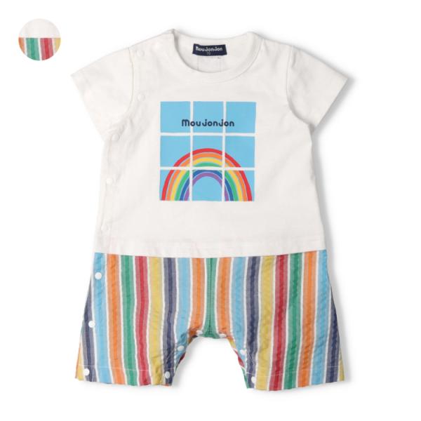 さらっとして清涼感があり、着心地の良い凸凹のある部分と平らな部分とでポコポコと縞を表したサッカー素材のストライプ柄のパンツと虹のプリント入りの半袖Tシャツの切替デザインのTオール、ロンパース。 ポップなレインボーカラーで夏のお出かけにもオス...