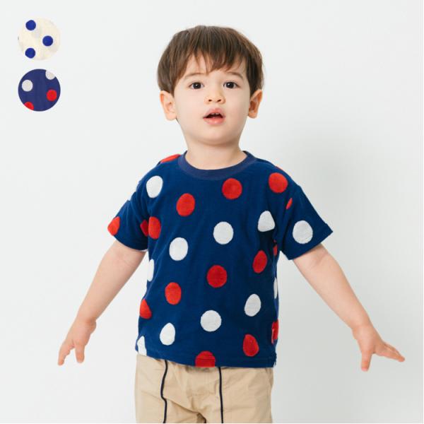 水玉部分が立体になった素材を使用した半袖Ｔシャツ。 男の子も女の子もユニセックスで着られるアイテム。 同じドット柄のロンパース（M34700）、ワンピース（M44301）、チュニックTシャツ（M44800）もあるので、兄弟姉妹やお友達と男女...