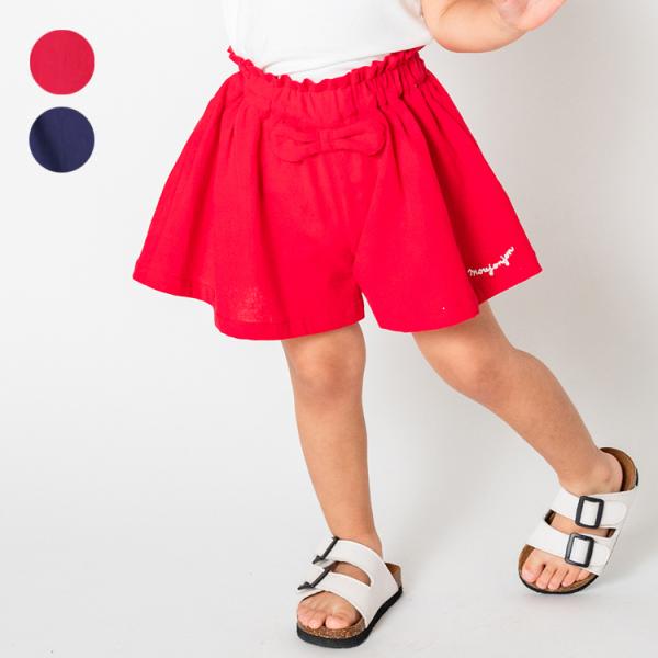 女の子らしいシルエットのフレアーパンツ。 ワッシャークロス素材で柔らかく、履きやすい。 ウエストにはリボンが付いてるのがポイント。 トップスをインしても可愛い♪ 左裾にはmoujonjonのロゴ刺繍入り。 夏にピッタリな3分丈です。 【アイ...