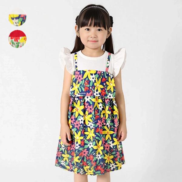 フリル袖のTシャツに花柄のキャミワンピースの重ね着デザイン。 １枚でコーディネートが楽しめるワンピース。 カラフルでポップなお花柄が夏らしいアイテム。 【アイテム】トップス　シンプル ガーリー フェミニン カジュアル お洒落 オシャレ かわ...