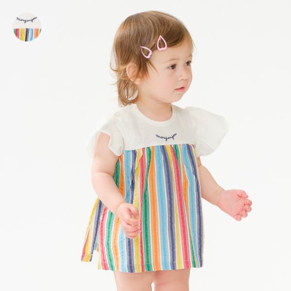 さらっとして清涼感があり、着心地の良い凸凹のある部分と平らな部分とでポコポコと縞を表したサッカー素材のストライプ柄のスカートと天竺Ｔシャツのドッキングデザイン。 フリル袖もかわいらしいブルマタイプのロンパース、Tオール。 カラフルなストライ...