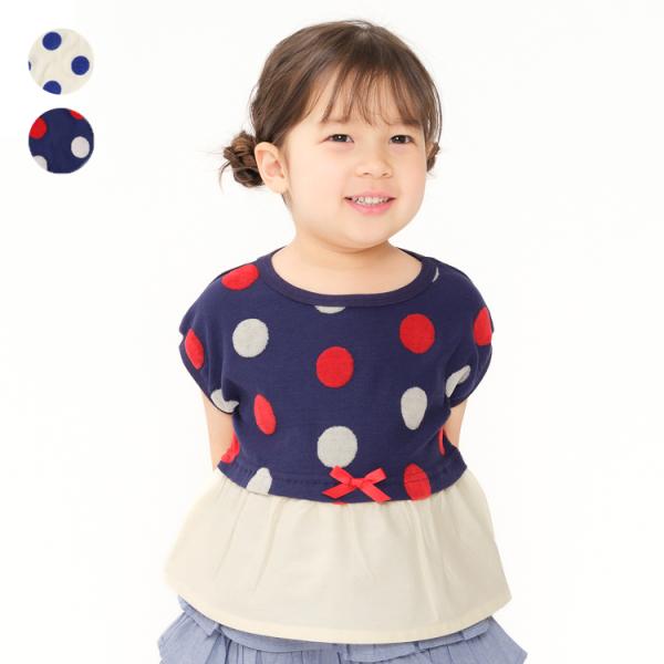 水玉部分が立体になった素材と布帛のブロード素材の切替デザインの半袖Ｔシャツ。 リボンのモチーフもポイント！ ドット柄のＴシャツ(M34800)、ロンパース（M34700)、ワンピース(M44301)もあるので、兄弟姉妹やお友達と男女でアイテ...