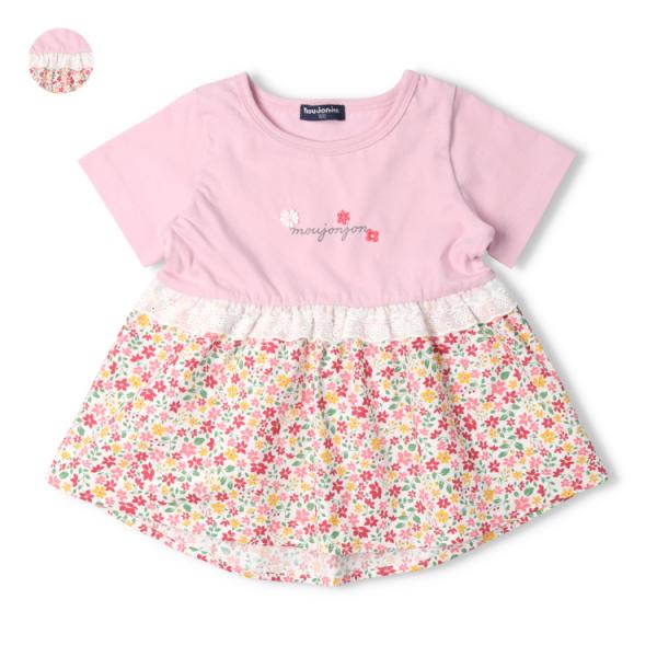 小花柄の布帛素材とTシャツ、天竺素材の異素材切替デザイン。 筆記体のロゴプリントにお花のモチーフが女の子らしいチュニックTシャツ。 切替部分のレースもガーリーな印象に！ 【アイテム】トップス　シンプル ガーリー フェミニン カジュアル お洒...