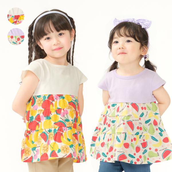 無地のTシャツに布帛のブロード素材の異素材切替のチュニックTシャツ。 夏らしいカラフルでポップで可愛いフルーツ総柄はフレアーなシルエットのティアードデザイン。 【アイテム】トップス　シンプル ガーリー フェミニン カジュアル お洒落 オシャ...