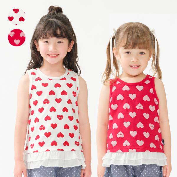 ポップなイメージのハートの総柄プリント。 裾フリルが女の子らしいタンクトップ。 同じハート柄のワンピース（M44304）、ロンパース（M44701）があるので、姉妹でお揃い、ペアコーデ、リンクコーデもおすすめ！ おそろいアイテムはギフトやプ...