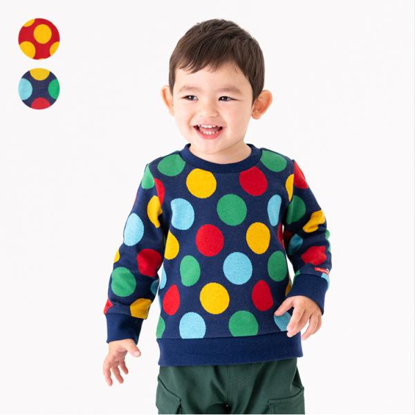 大きめ水玉柄を目を惹く、ジャガード素材のトレーナー、スウェット。 同じ柄のワンピース（M64306）もあるので、兄弟姉妹やお友達と男女でアイテム違いでペア、リンクコーデ、お揃い、おそろいコーディネートも楽しめます！ 【アイテム】トップス  ...