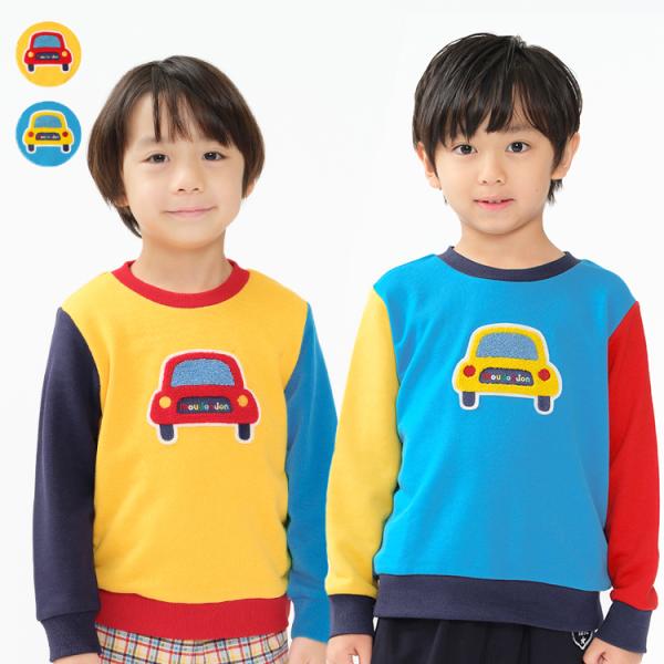 立体感のあるクルマのサガラ刺繍がポイント！ クレイジーなカラフルな配色がこどもらしい。 秋から春まで長く着られる裏毛素材のトレーナー、スウェット。 同じ車デザインのロンパース（M54705）があるので、兄弟でお揃い、ペアコーデ、リンクコーデ...