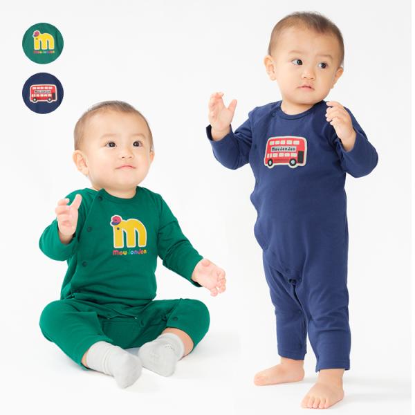 ぞうのイメージのｍのロゴとロンドンバスのワッペン。 カラーによってワッペンが異なります。 ２柄展開のTシャツ素材の長袖ロンパース、Tオール。 前開きデザインで着脱もスムーズに出来ます！ 同じデザインの長袖Tシャツ（M54803）があるので、...