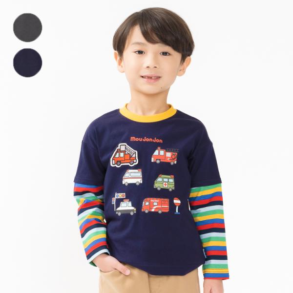 男の子が大好きな働く車デザイン。 消防車や救急車、パトカーなどの働く車のプリントに消防車のはしご車はワッペンになっているのもポイント！ 袖はカラフルなボーダー柄の切替デザインで、１枚で重ね着が楽しめる長袖Tシャツ、ロンT。 【アイテム】トッ...
