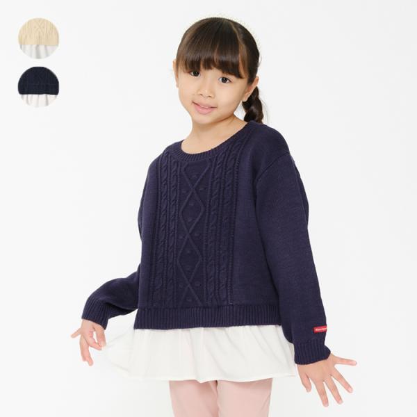 アラン編みのニットセーターに、ブロード生地が裾切替になったチュニックです。 毛玉になりにくい抗ピル加工を施した、軽くて着やすいアクリル糸を使用。   丸洗いOKのウォッシャブルニットなので、お手入れも簡単♪ ニットと裾のブロードの素材感の違...