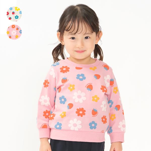 お花とイチゴのちょっとレトロな総柄が可愛い！ 秋から春まで長く着られる裏毛素材のトレーナー、スウェット。 綿100％でギフトやプレゼントにもオススメ！ 【アイテム】トップス　シンプル ガーリー フェミニン カジュアル お洒落 オシャレ かわ...