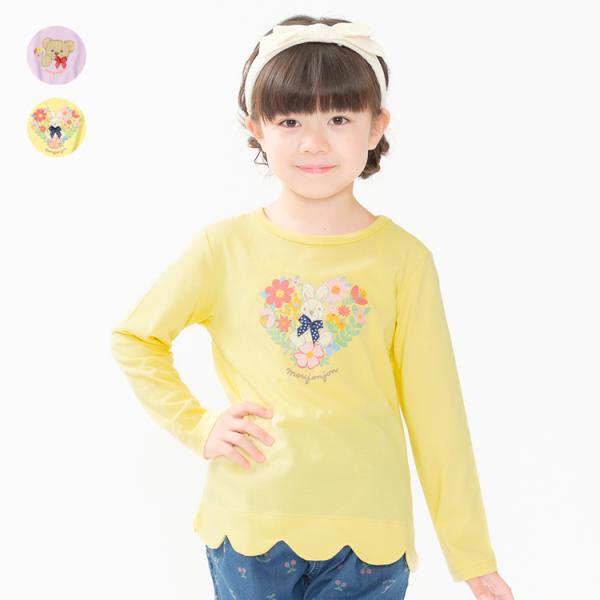 ラベンダーはくまのプリント、クリームはうさぎとお花のプリント入り。 どちらにも付いているリボンのモチーフがポイント！ 裾スカラップデザインも女の子らしい長袖Tシャツ、ロンT。 同じくまのプリント入りのロンパース（M64705）があるので、姉...