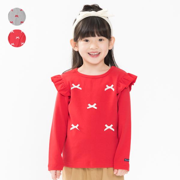 中肉素材のスパンフライス素材の長袖Tシャツ、ロンT。 トレンドのリボンのモチーフが可愛い！ 肩のフリルも女の子らしい！ 【アイテム】トップス　シンプル ガーリー フェミニン カジュアル お洒落 オシャレ かわいい 可愛い 普段着 デイリーウ...