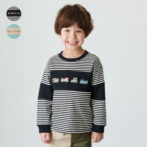 並んだ働く車の刺繍が可愛い！ 胸と袖の切替のデザインがお洒落な長袖ボーダーTシャツ、ロンT。 袖口がリブになっているのもポイント！ （ベビーサイズのみ肩ボタン仕様になります。） 【アイテム】トップス  カジュアル お洒落 オシャレ かっこい...