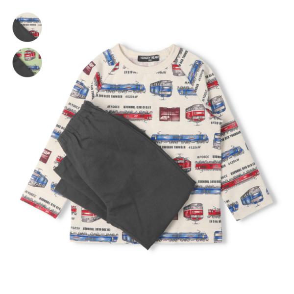 男の子が大好きな電車！ 毎シーズン大人気のJRコラボシリーズです！ トップスは人気の貨物列車のブルーサンダー、レッドサンダーやコンテナ、踏切などの総柄プリント入り。 ボトムは無地デザイン。 Tシャツ素材、天竺素材の長袖Tシャツと長パンツのパ...