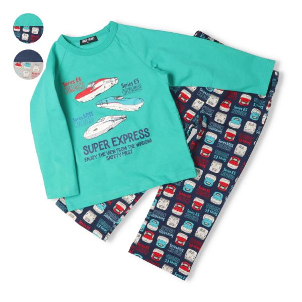 男の子が大好きな電車！ 毎シーズン大人気のJRコラボシリーズです！ トップスはこまち、はやぶさ、のぞみの疾走感あふれるプリント入り。 ボトムは前から見た車体の総柄プリント。 Tシャツ素材、天竺素材の長袖Tシャツと長パンツのパジャマ。 ベビー...